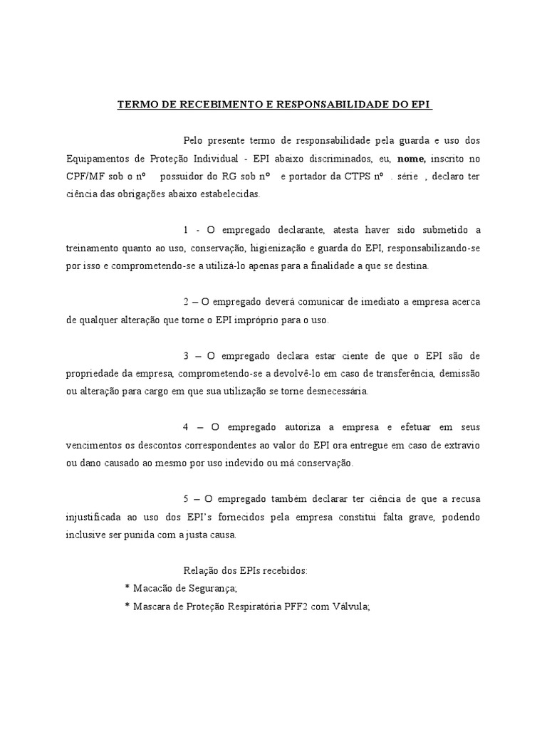 Termo de Recebimento e Responsabilidade Do Epi | PDF