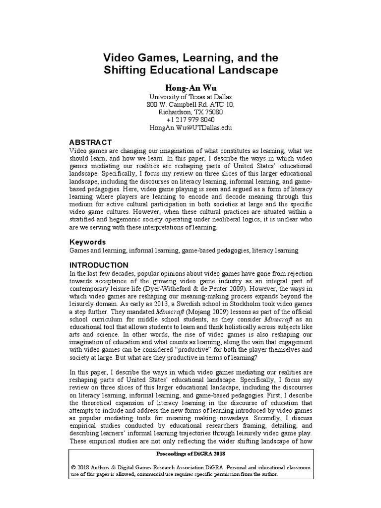 Video Games, Learning, and The Shifting Educational Landscape | PDF ...