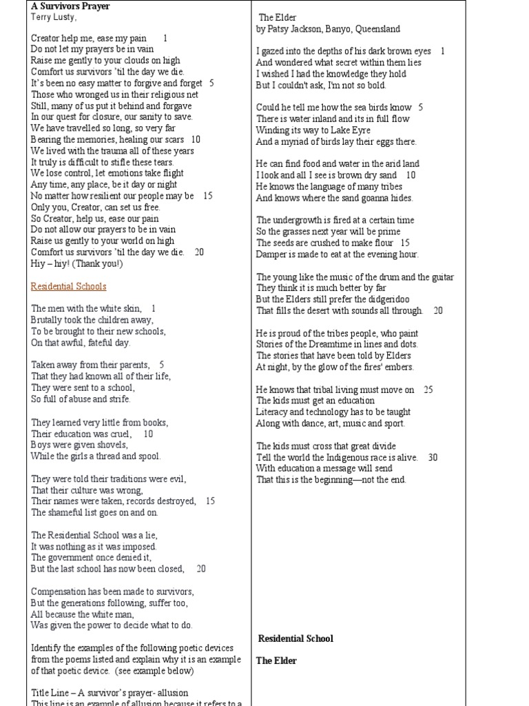 English First Peoples 10 First Nations Poetry Examples With Questions ...