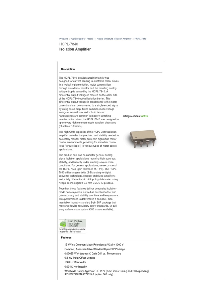 HCPL 7840 000e Datasheet | PDF | Amplifier | Analog To Digital Converter