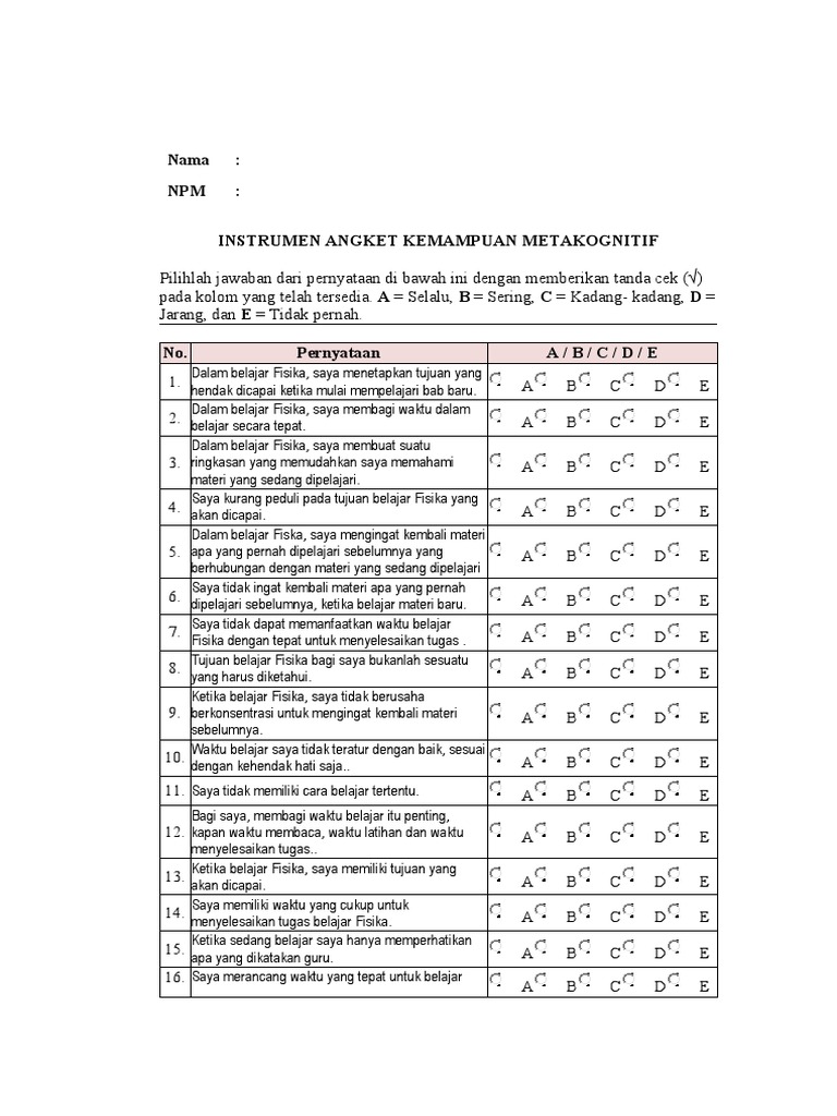 Instrumen Angket Kemampuan Metakognitif | PDF