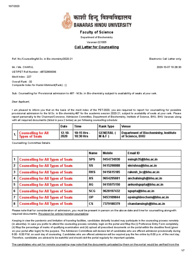 Bhu Call Letter | PDF | University And College Admission