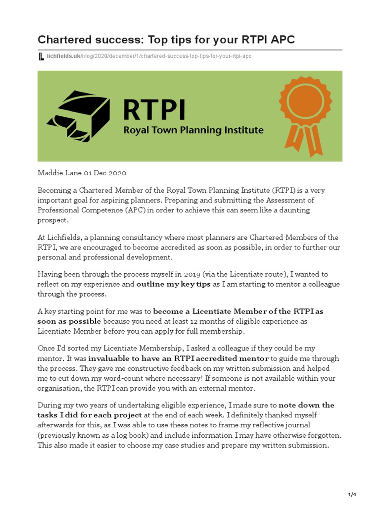 Lichfields - Uk-Chartered Success Top Tips For Your RTPI APC | PDF ...