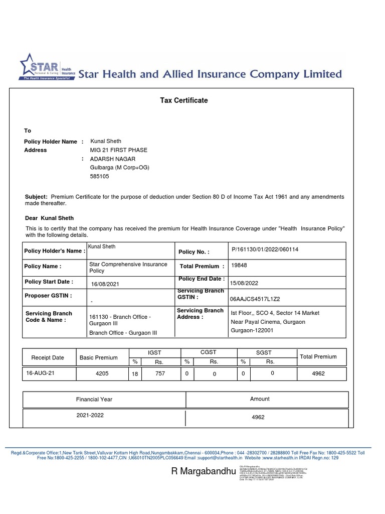 Star Health Insurance Premium Certificate | PDF | Insurance | Taxes
