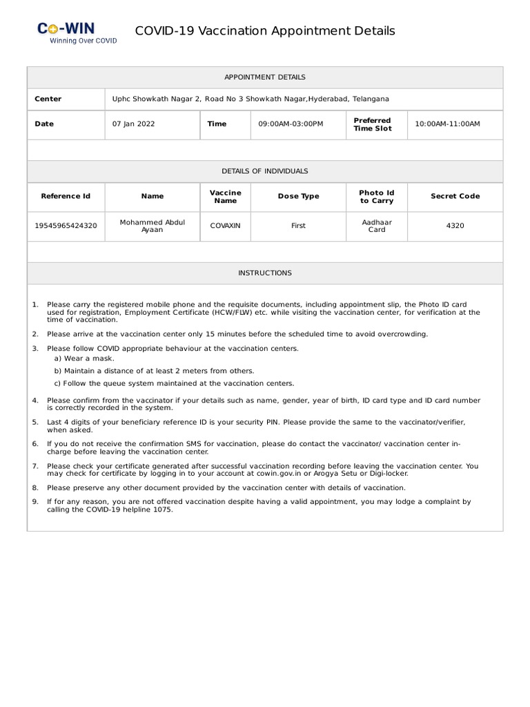 COVID-19 Vaccination Appointment Details: Center Preferred Time Slot ...
