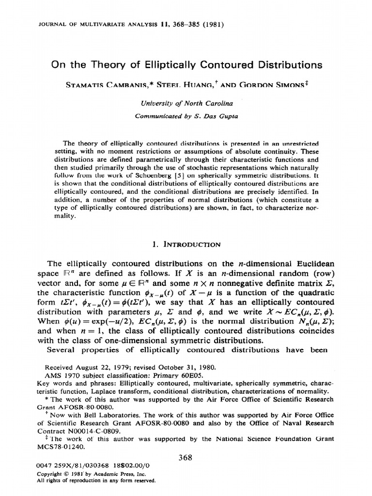 On The Theory of Elliptically Contoured Distributions - Cambanis, Huang ...