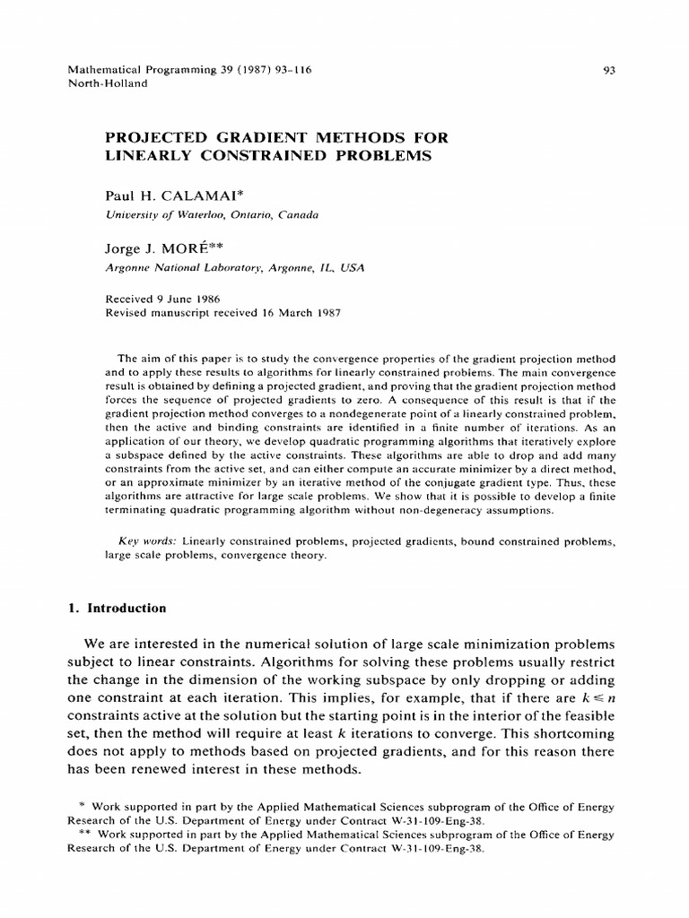 Projected Gradient Methods For Linearly Constrained Problems - Calamai, Moré (1987) | PDF ...