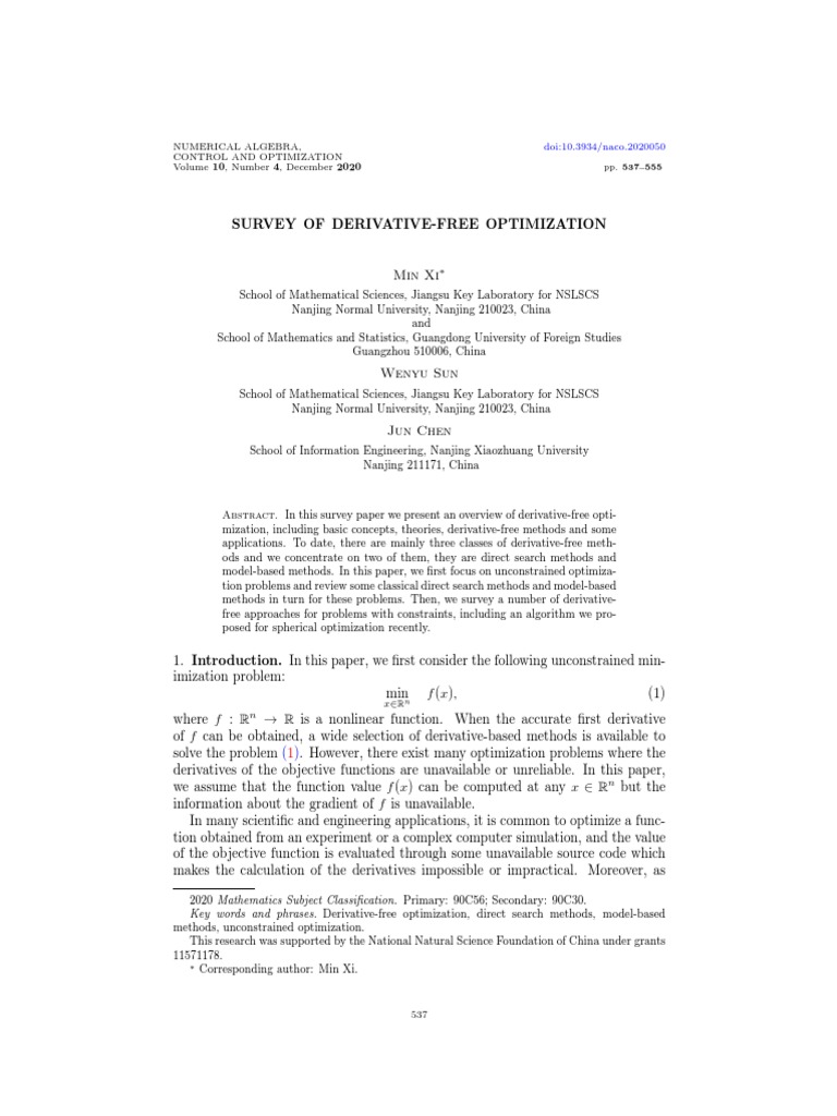 Survey of Derivative-Free Optimization - Xi, Sun, Chen (2020) | PDF ...