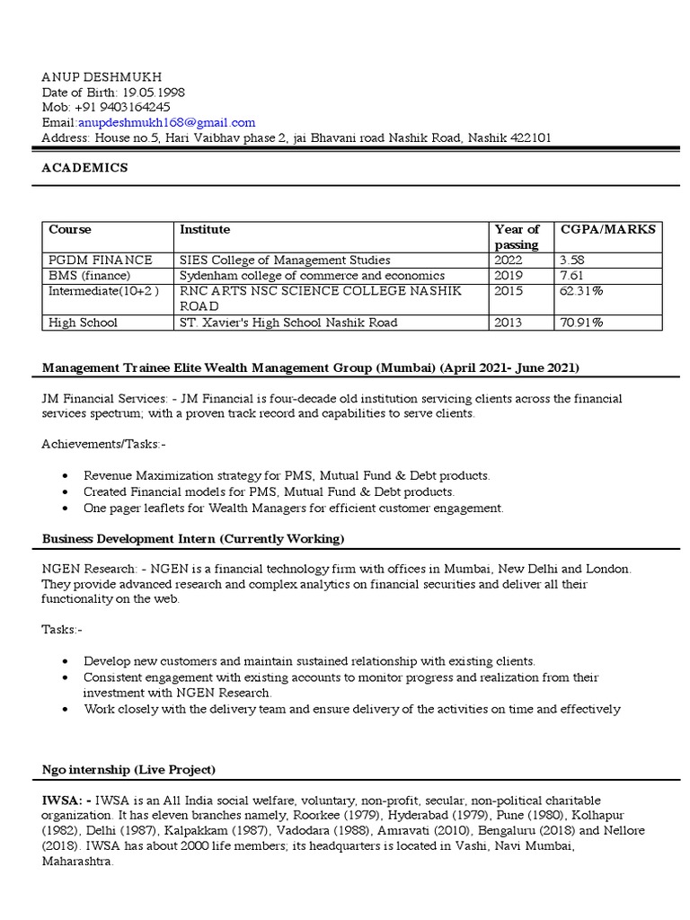 Anup J Deshmukh CV | PDF | Business | Financial Economics
