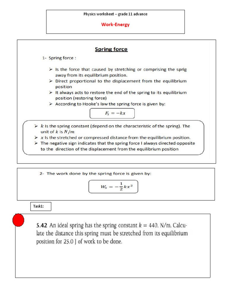 Work-Energy: Physics Worksheet - Grade 11 Advance | PDF