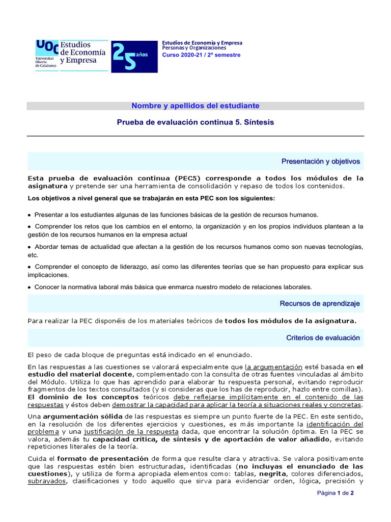 PO PEC5 20211 Castellano | PDF | Gestión de recursos humanos | Evaluación