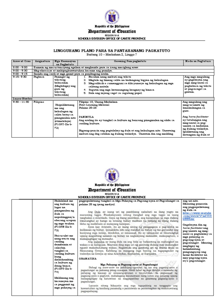 6.FILIPINO 10 WHLP Ikalawang Markahan Ikapitong Linggo | PDF