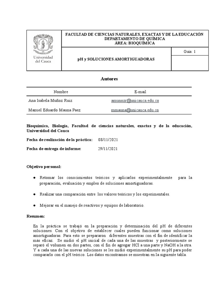 INFORME DE LABORATORIO SOBRE PH Y SOLUCIONES AMORTIGUADORAS. | PDF | Solución tampón | Ph