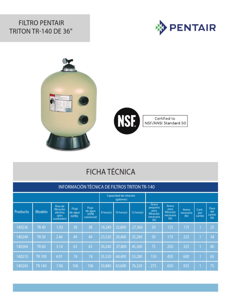 Ficha Técnica Filtro Triton TR-140 | PDF | Filtración