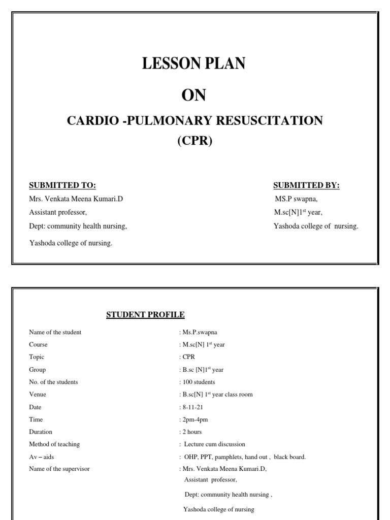 Lesson Plan ON: Cardio - Pulmonary Resuscitation (CPR) | Download Free ...