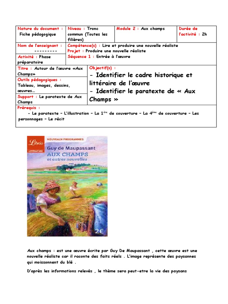 Analyse de "Aux Champs" de Maupassant | PDF | Réalisme (littérature ...