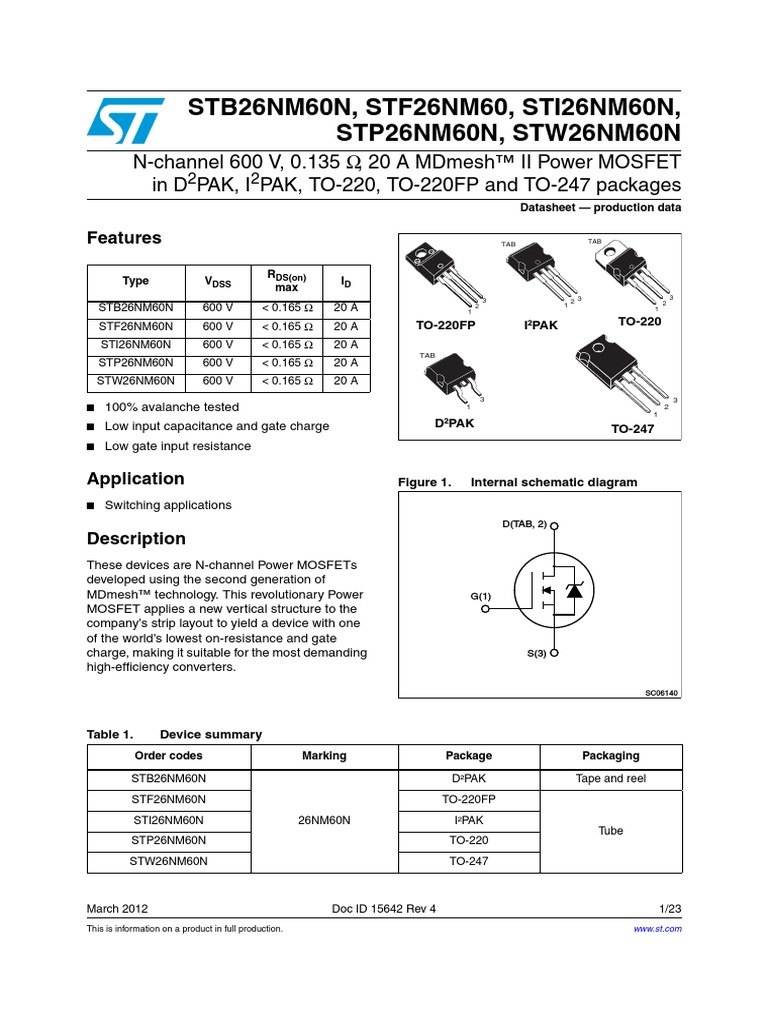 STB26NM60N, STF26NM60, Sti26nm60n, STP26NM60N, STW26NM60N | PDF | Field ...