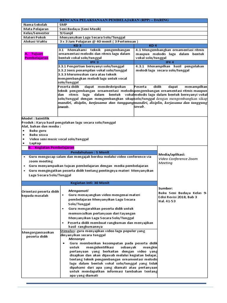 2021 01 02 RPP Menyanyikan Lagu Secara Solo Tunggal | PDF