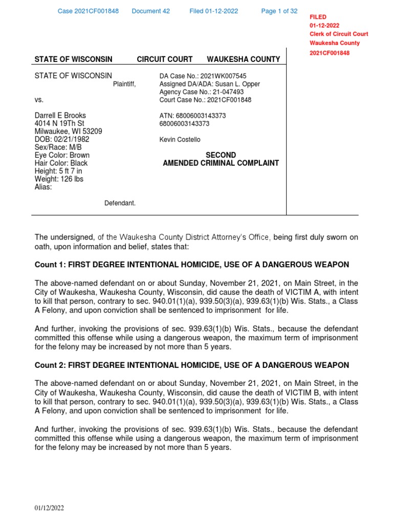 Darrell Brooks Jr. Amended Complaint | PDF | Felony | Wisconsin Circuit ...
