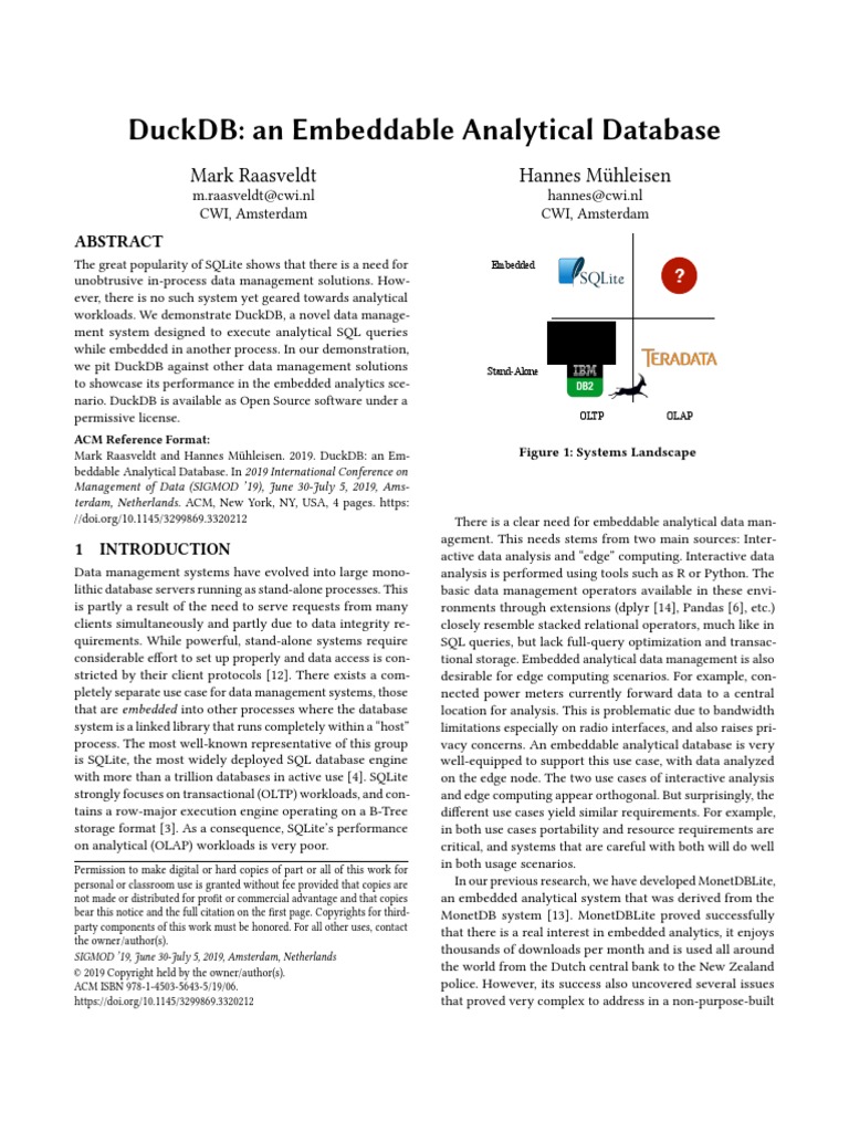 Duckdb: An Embeddable Analytical Database: Mark Raasveldt Hannes Mühleisen | PDF | Databases ...