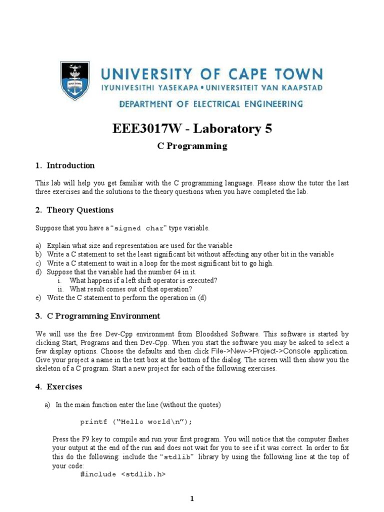 EEE3017W - Laboratory 5: C Programming | PDF | C (Programming Language ...