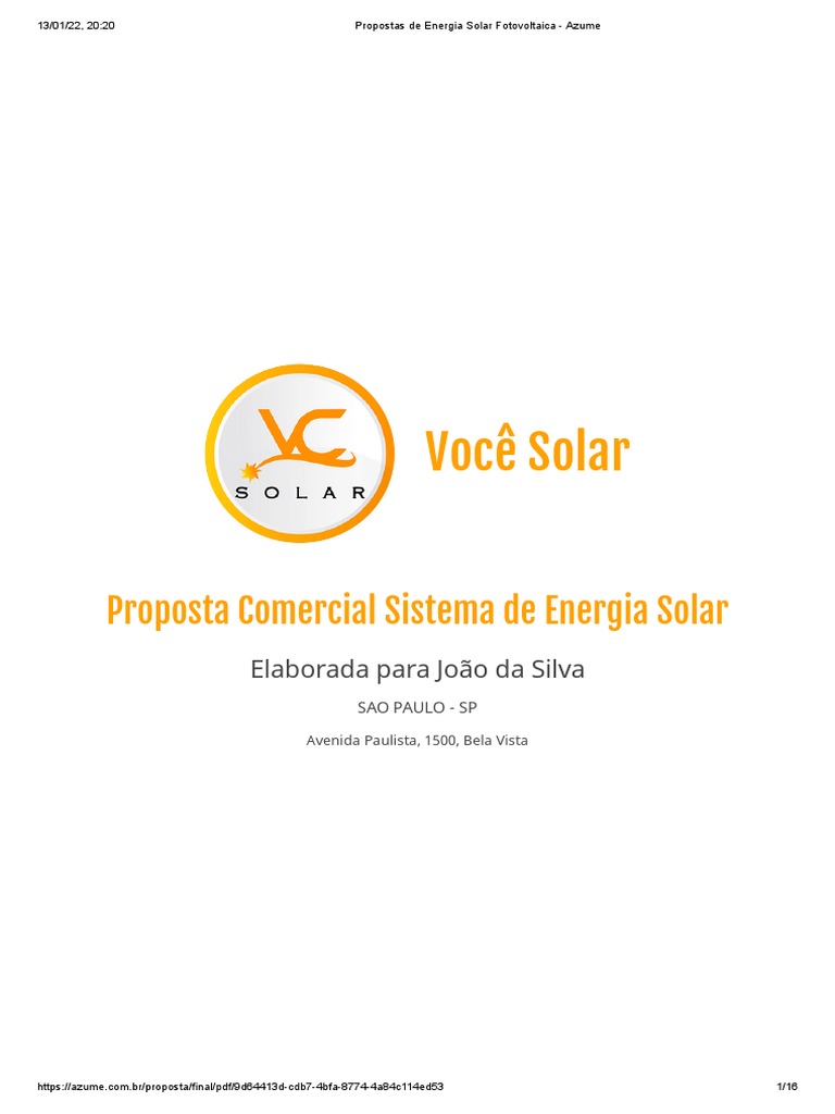 Exemplo de Proposta Comercial Energia Solar - Azume | PDF | Fotovoltaica | Célula solar
