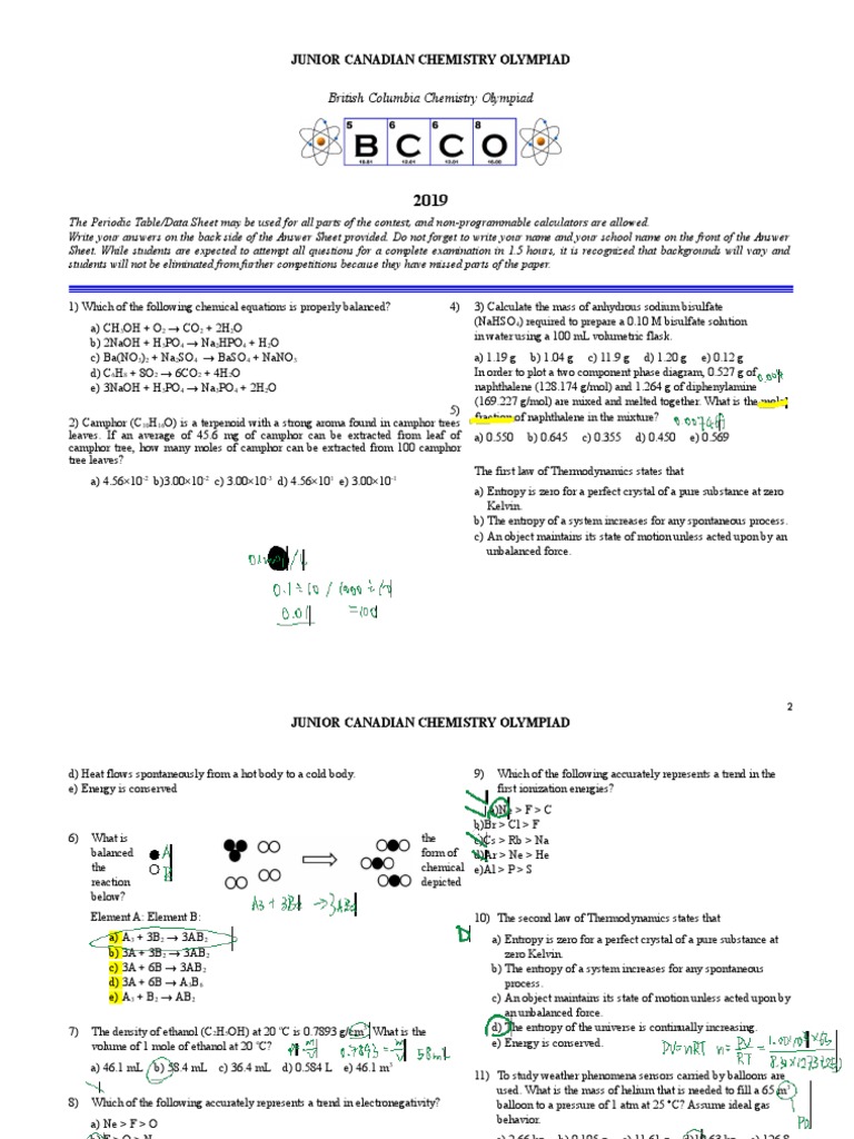 JCCO 2019 With Answer | PDF | Entropy | Chemical Reactions