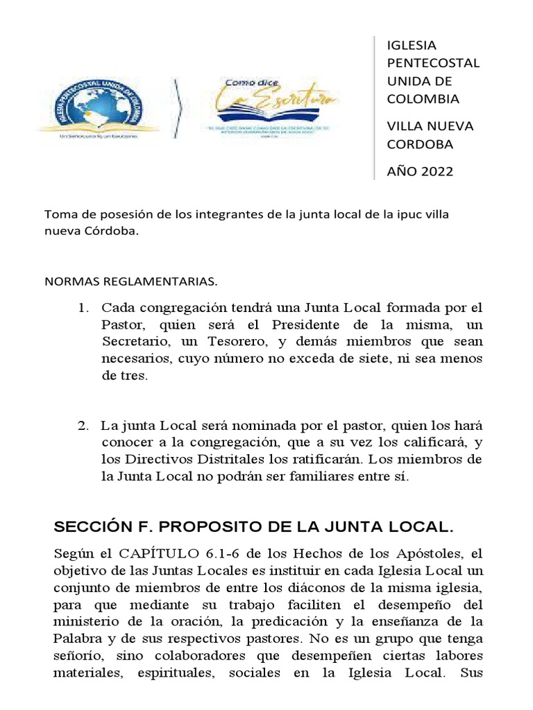Acta de Posecion de La Junta Local de La Ipuc Villa Nueva Cordoba Año 2022 | PDF | Iglesia ...