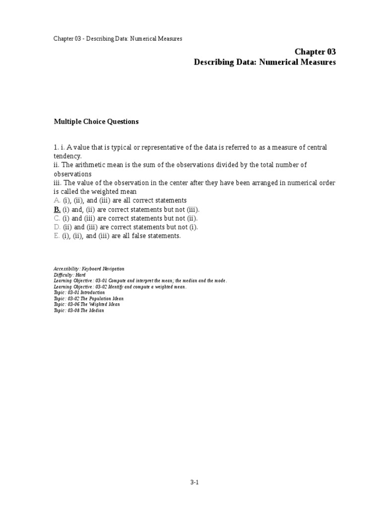 Describing Data: Numerical Measures: Multiple Choice Questions ...