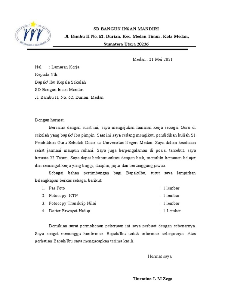 Lamaran SD Bangun Insan Mandiri | PDF