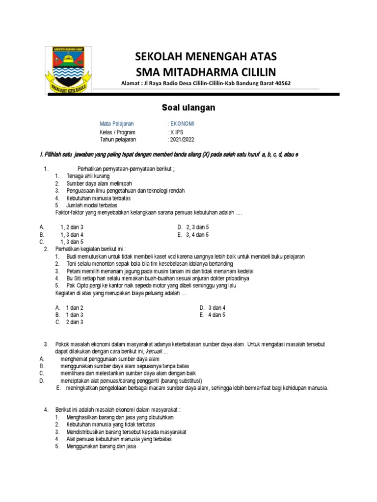 Soal Ekonomi Kelas X IPS | PDF