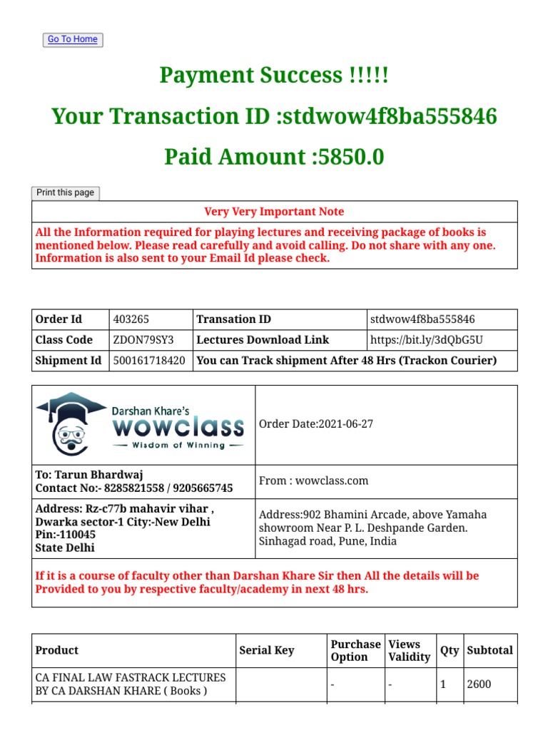 Payment Confirmation and Course Details | PDF