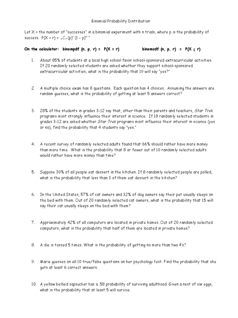 Binomial Probability Practice WKS | PDF | Multiple Choice