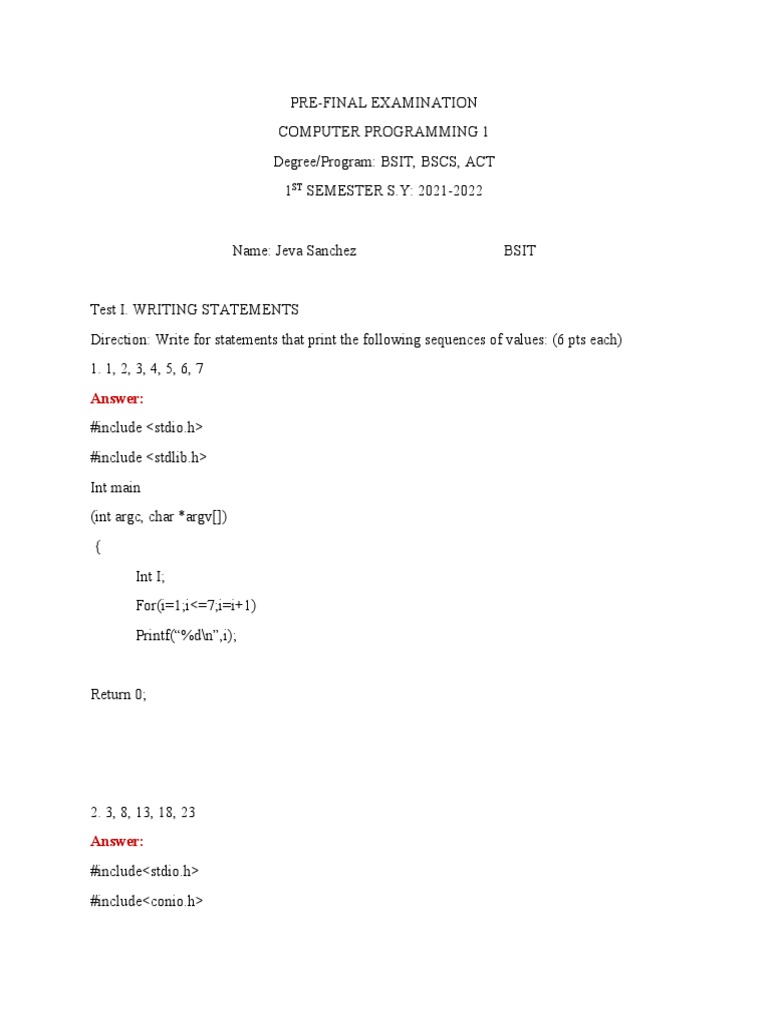 Pre-Final Exam in Computer Programming | PDF | Integer (Computer ...