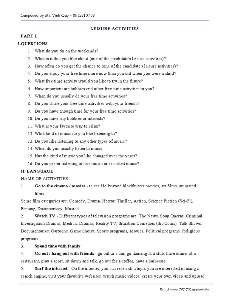 IELTS Speaking: Leisure Activities Guide | PDF | Leisure | Meal