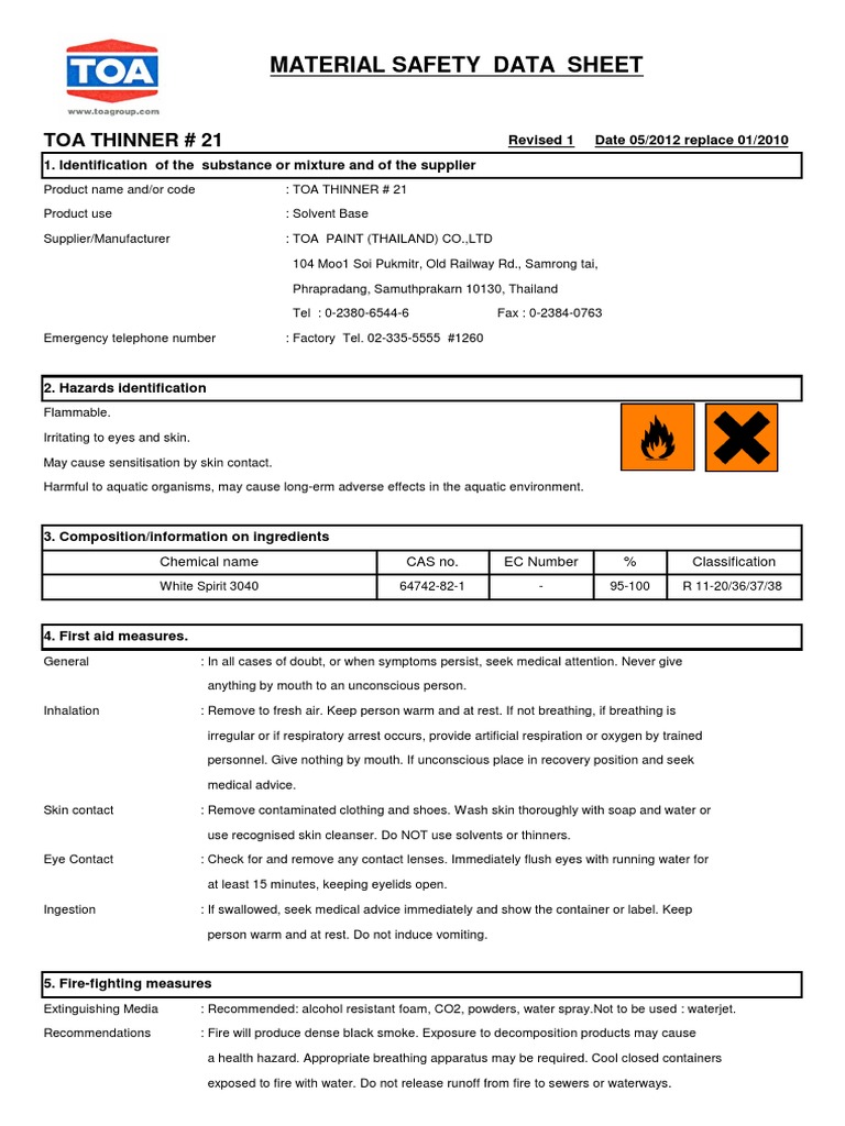 Sds-Toa Thinner # 21 | PDF | Dangerous Goods | Materials