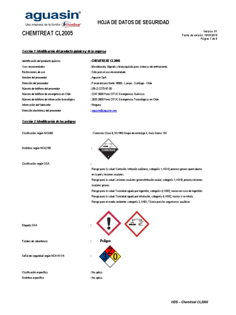 HDS Chemtreat CL2005 | PDF | Toxicología | Agua
