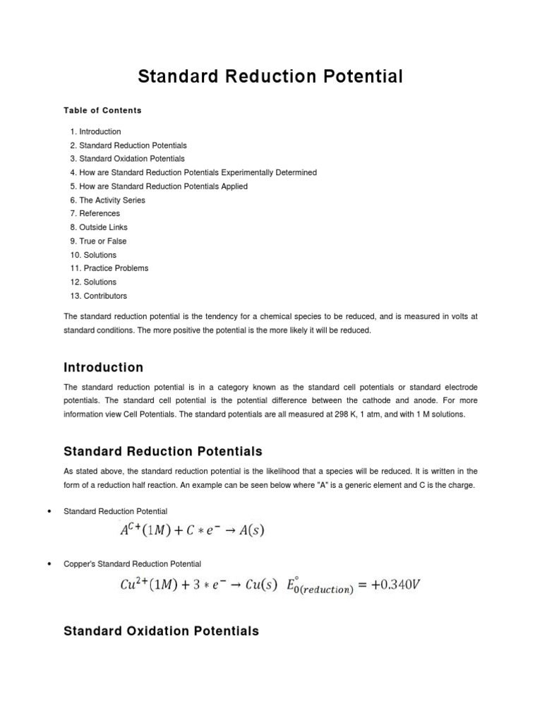 Standard Reduction Potential | PDF | Redox | Chemistry