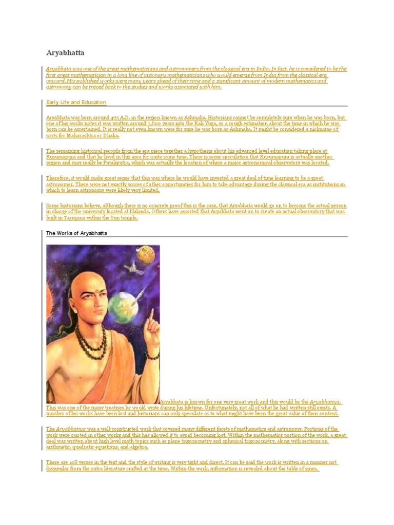Aryabhatta - The Great Indian Mathematician and Astronomer | PDF | Heliocentrism | Astronomy