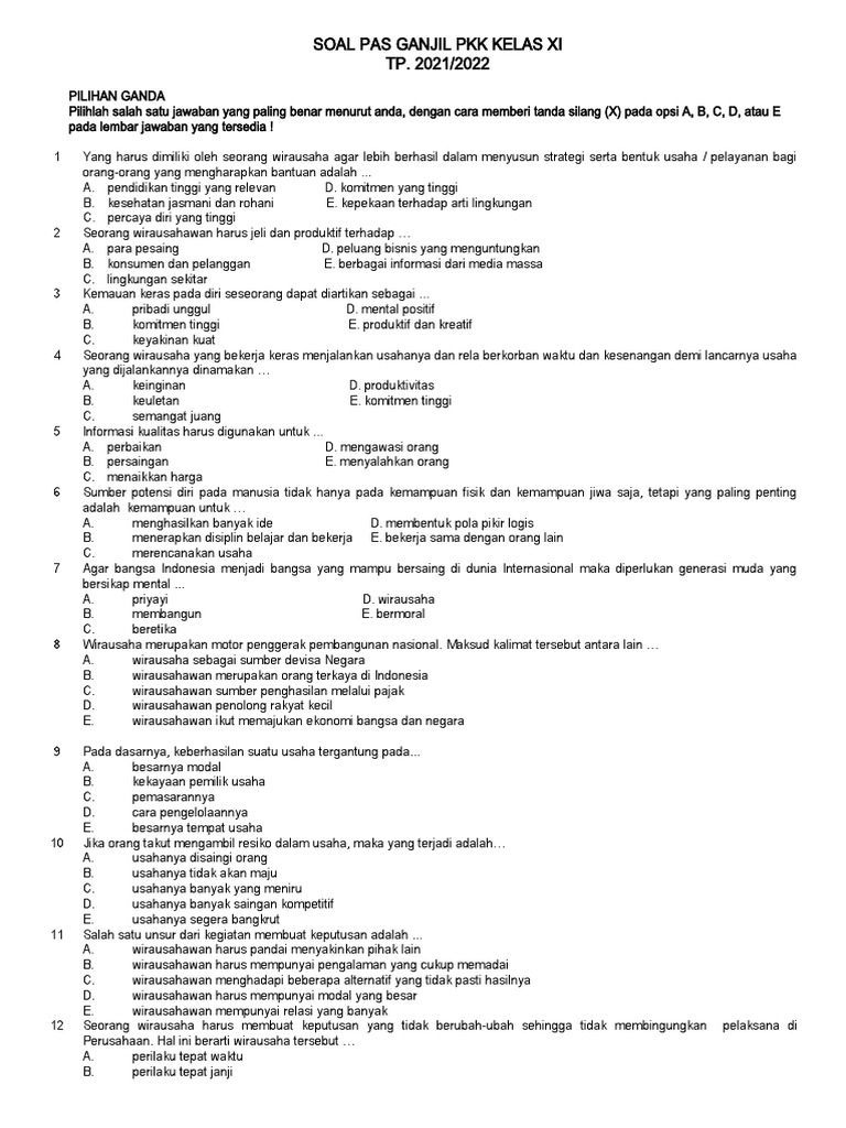 Soal Pas Ganjil PKK Kelas Xi TP 2021-2022 | PDF | Karier & Perkembangan | Seni