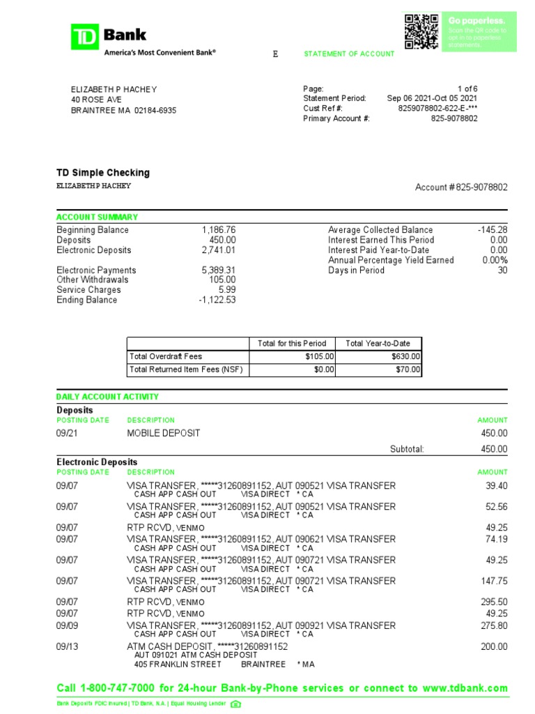 TD Simple Checking: Account Summary | PDF | Debit Card | Overdraft