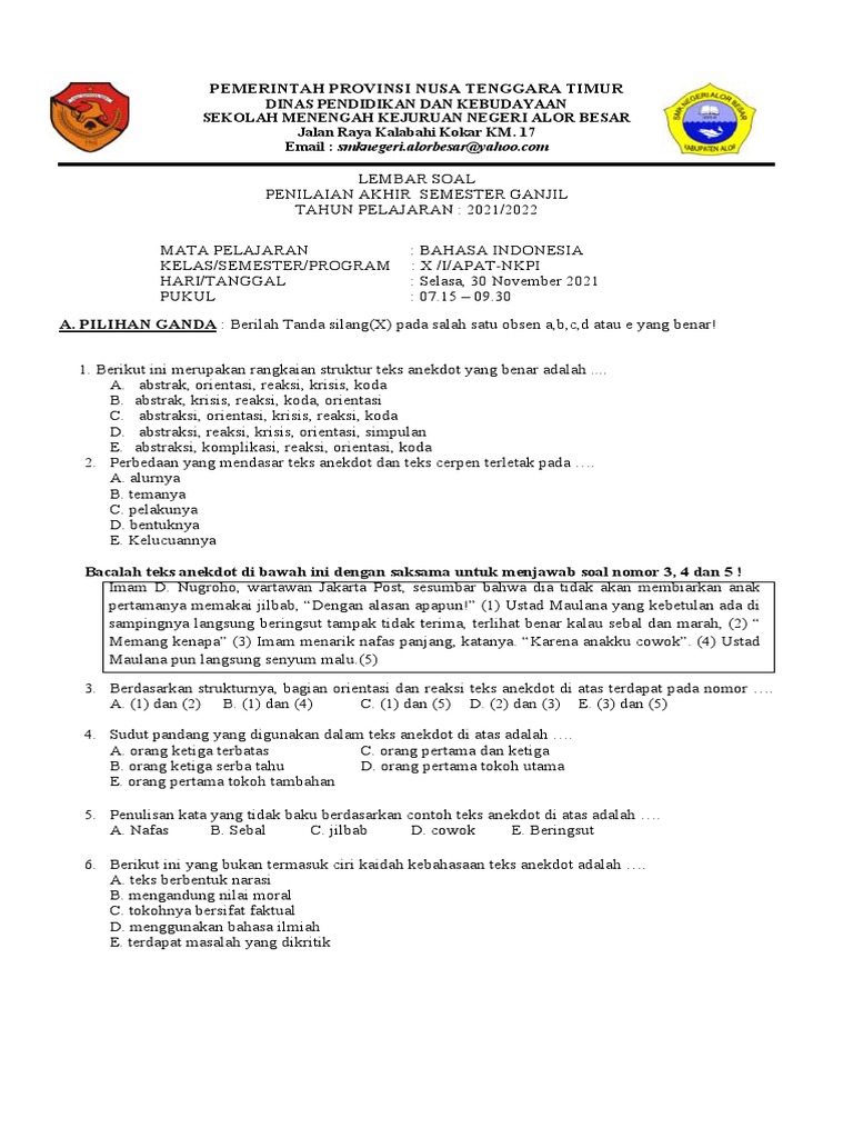 Soal k13 Uas Ganjil Kls X Bindo 2021 | PDF | Seni & Disiplin Bahasa