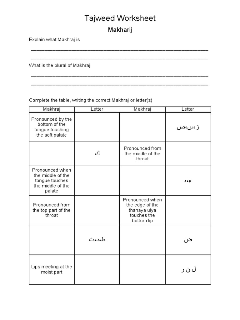 Tajweed Worksheet - Makhraj 2 | PDF