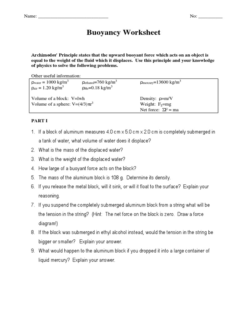 Buoyancy and Archimedes' Principle Worksheet | PDF | Buoyancy | Applied ...
