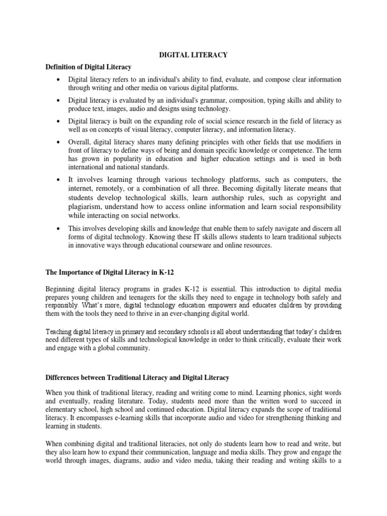Digital Literacy Definition of Digital Literacy | PDF | Literacy ...