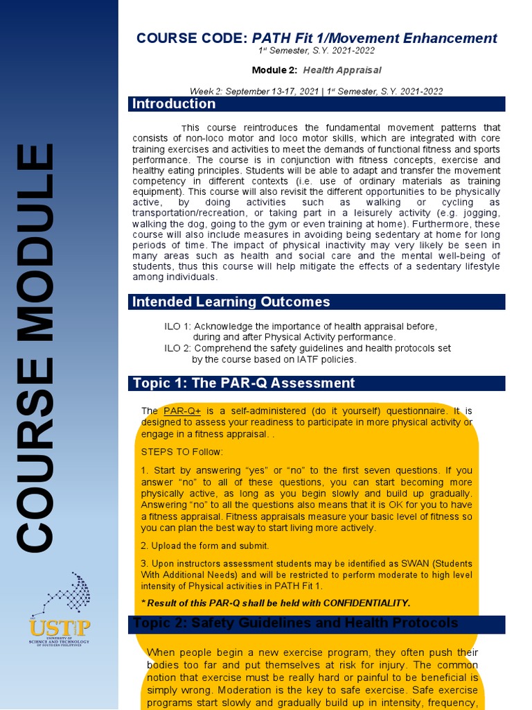 COURSE CODE: PATH Fit 1/movement Enhancement: Topic 2: Safety ...