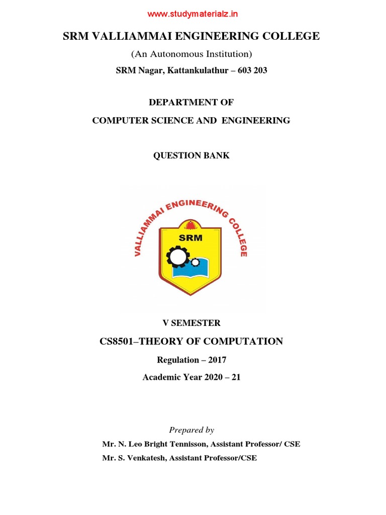 Cs8501 Theory Of Computation Important Question Pdf Regular Expression Computational 3470