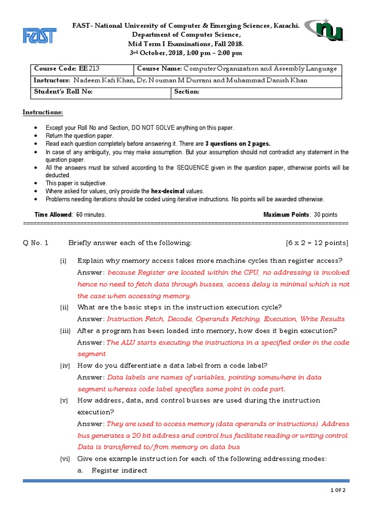 COAL+MID+I Fall18 +paper Solution | PDF | Assembly Language | Computing