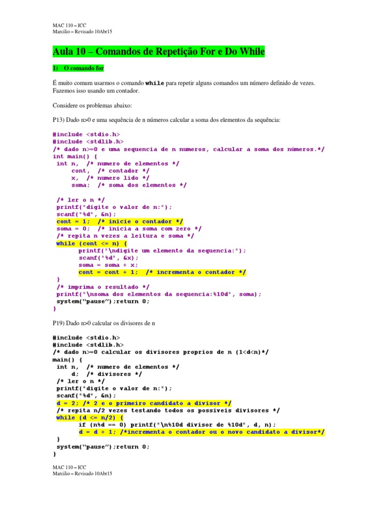 Aula10 o Comando For e Do While | PDF | Sequência | Números