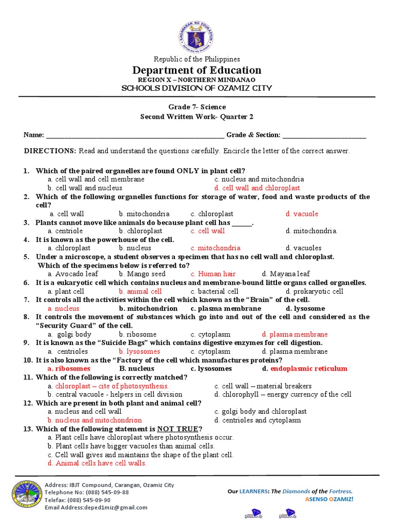 Science 7 Assessment 2Q 2nd Answer Key | PDF | Cell (Biology) | Eukaryotes